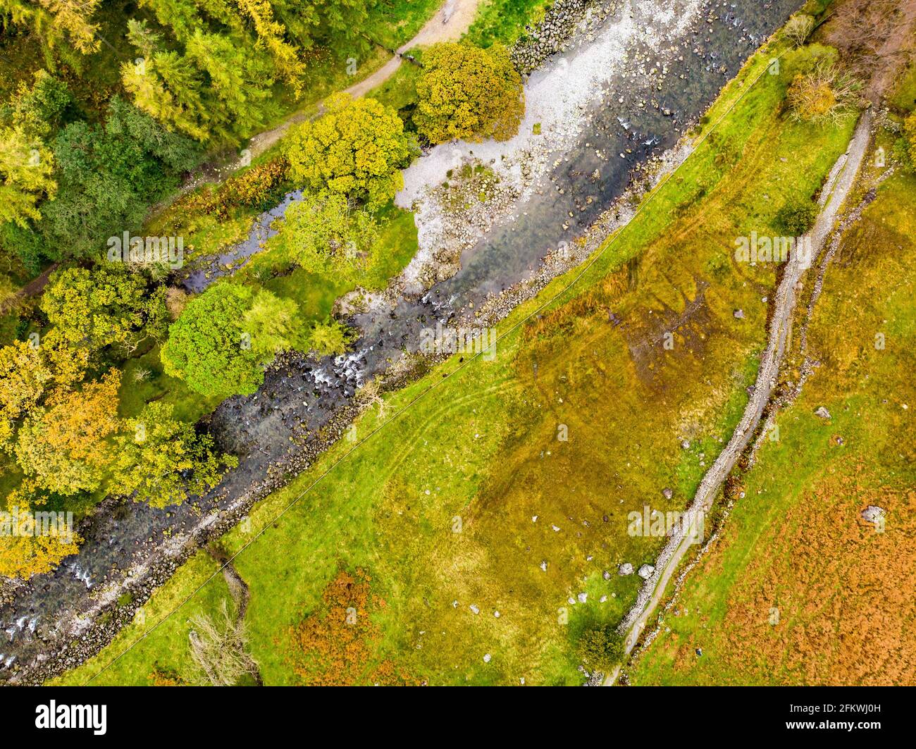 Aerial view of Stonethwaite Beck, a small river formed at the ...