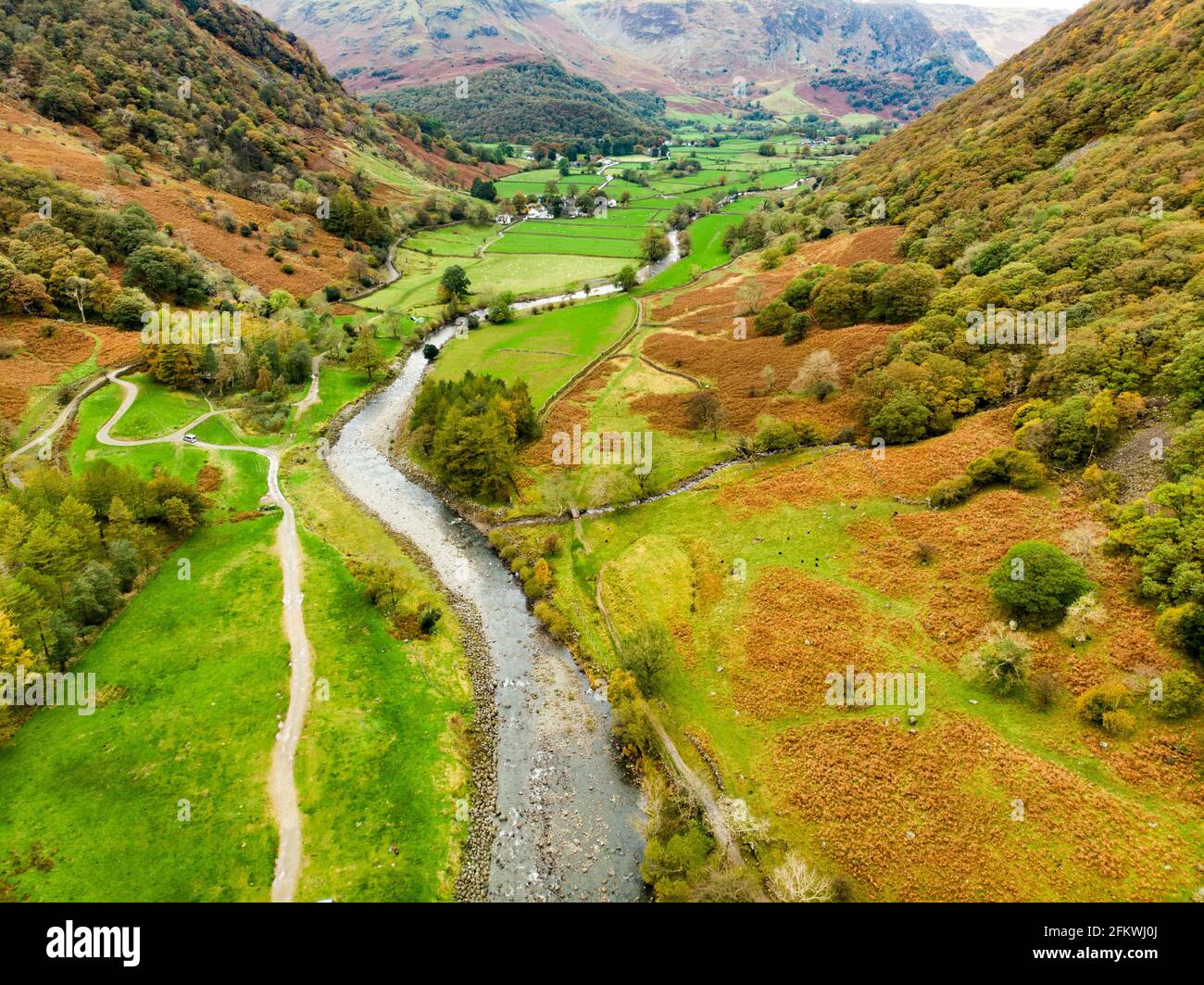 Aerial view of Stonethwaite Beck, a small river formed at the ...