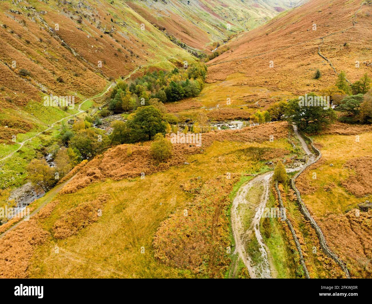Aerial view of Stonethwaite Beck, a small river formed at the ...