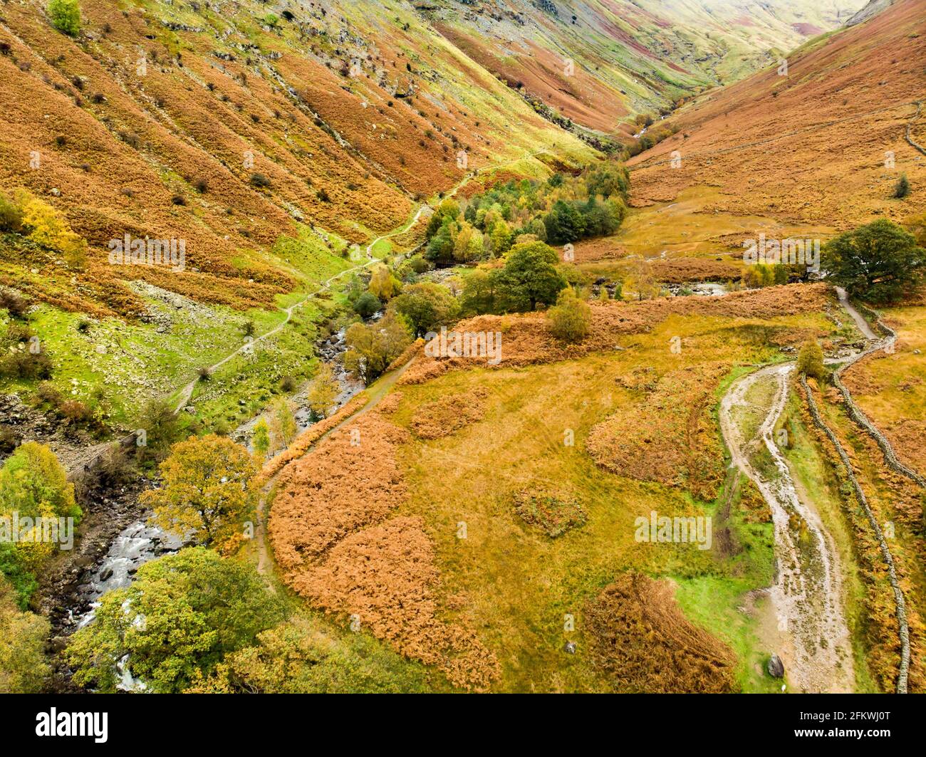 Aerial view of Stonethwaite Beck, a small river formed at the ...