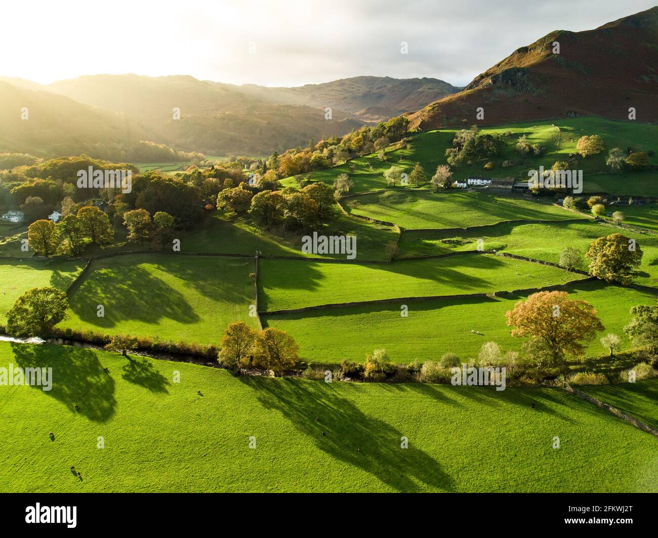Aerial view of endless lush pastures and farmlands of England ...
