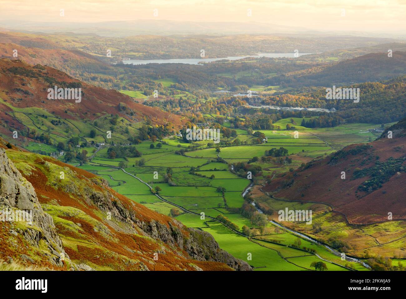 Scenic aerial view of Great Langdale valley in the Lake District ...