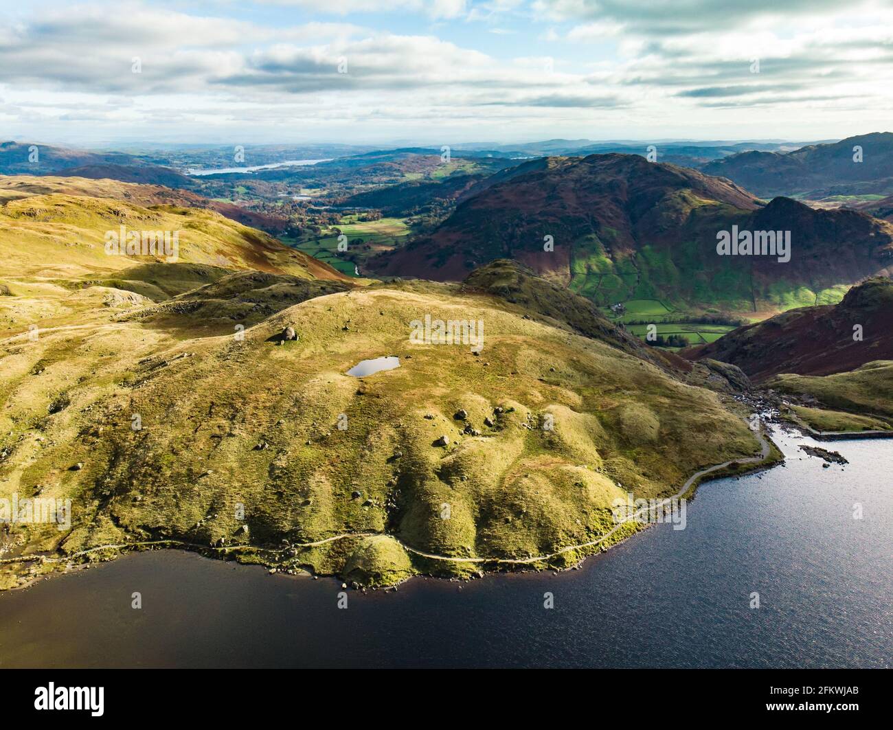 Aerial view of Stickle Tarn lake, located in the Lake District, Cumbria ...