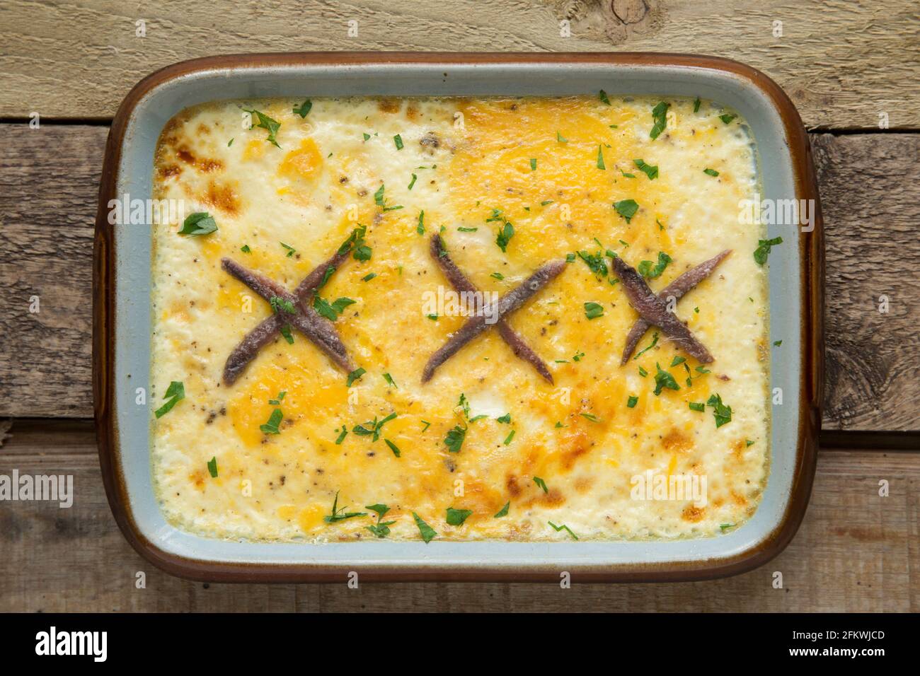 A homemade example of an anchovy and egg custard made with tinned ...