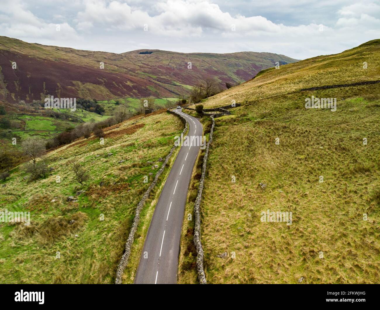 Aerial sunset view of the Lake District, famous for its glacial ribbon ...