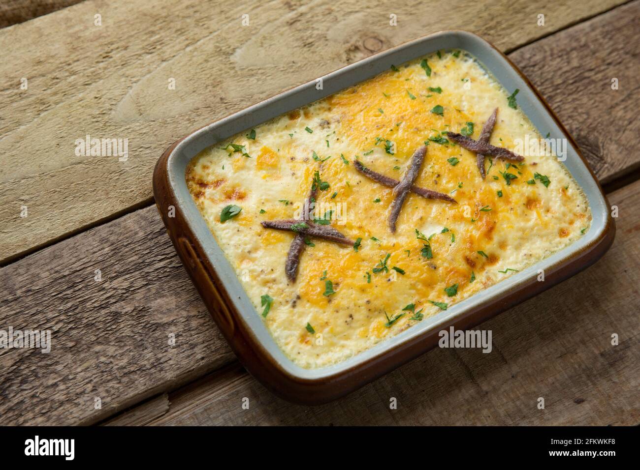 A homemade example of an anchovy and egg custard made with tinned ...