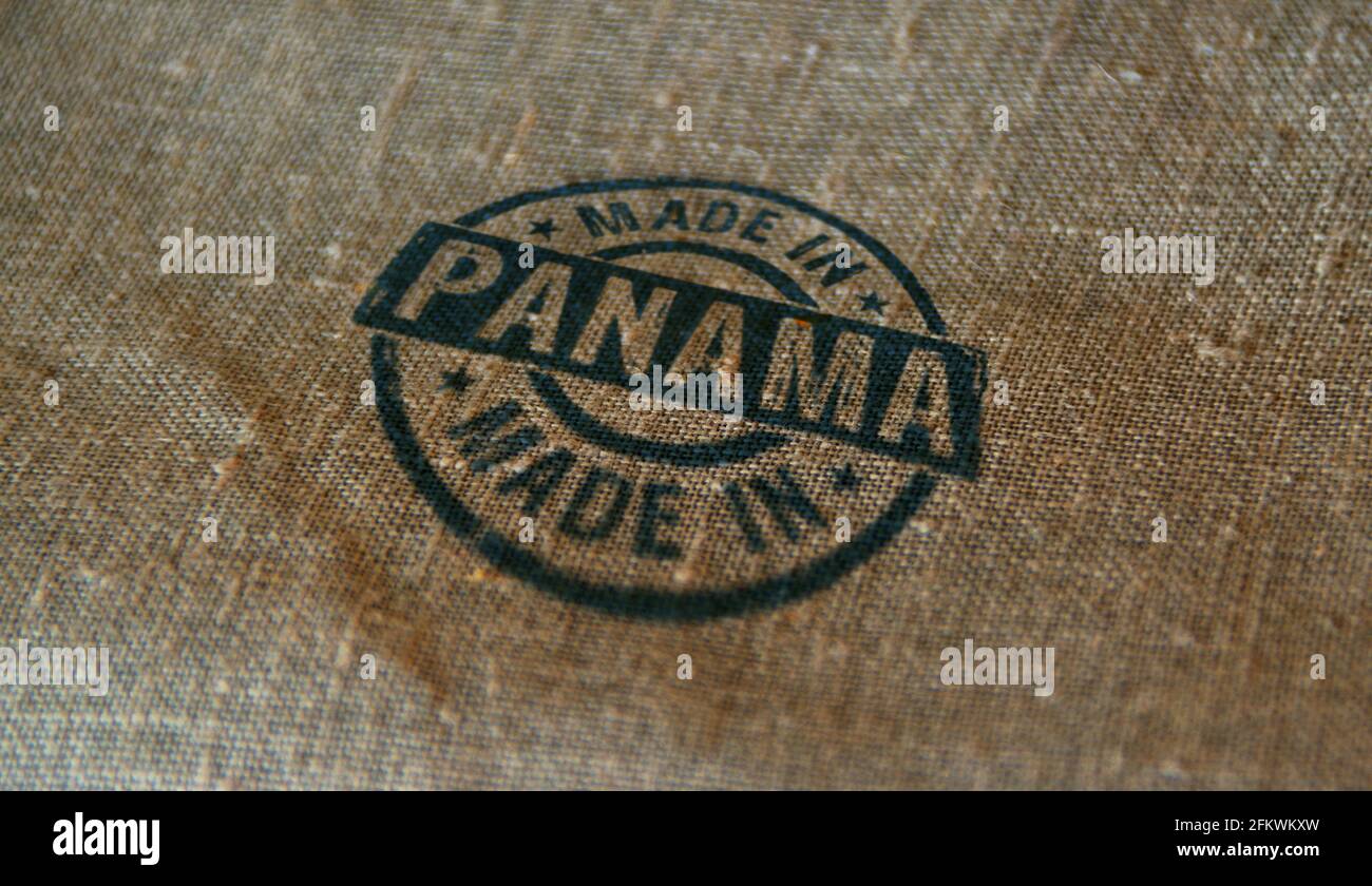 Made in Panama stamp printed on linen sack. Factory, manufacturing and ...