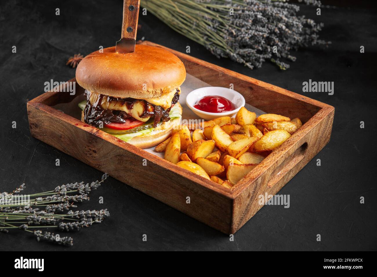 Beef meat burger set with fries and ketchup Stock Photo - Alamy