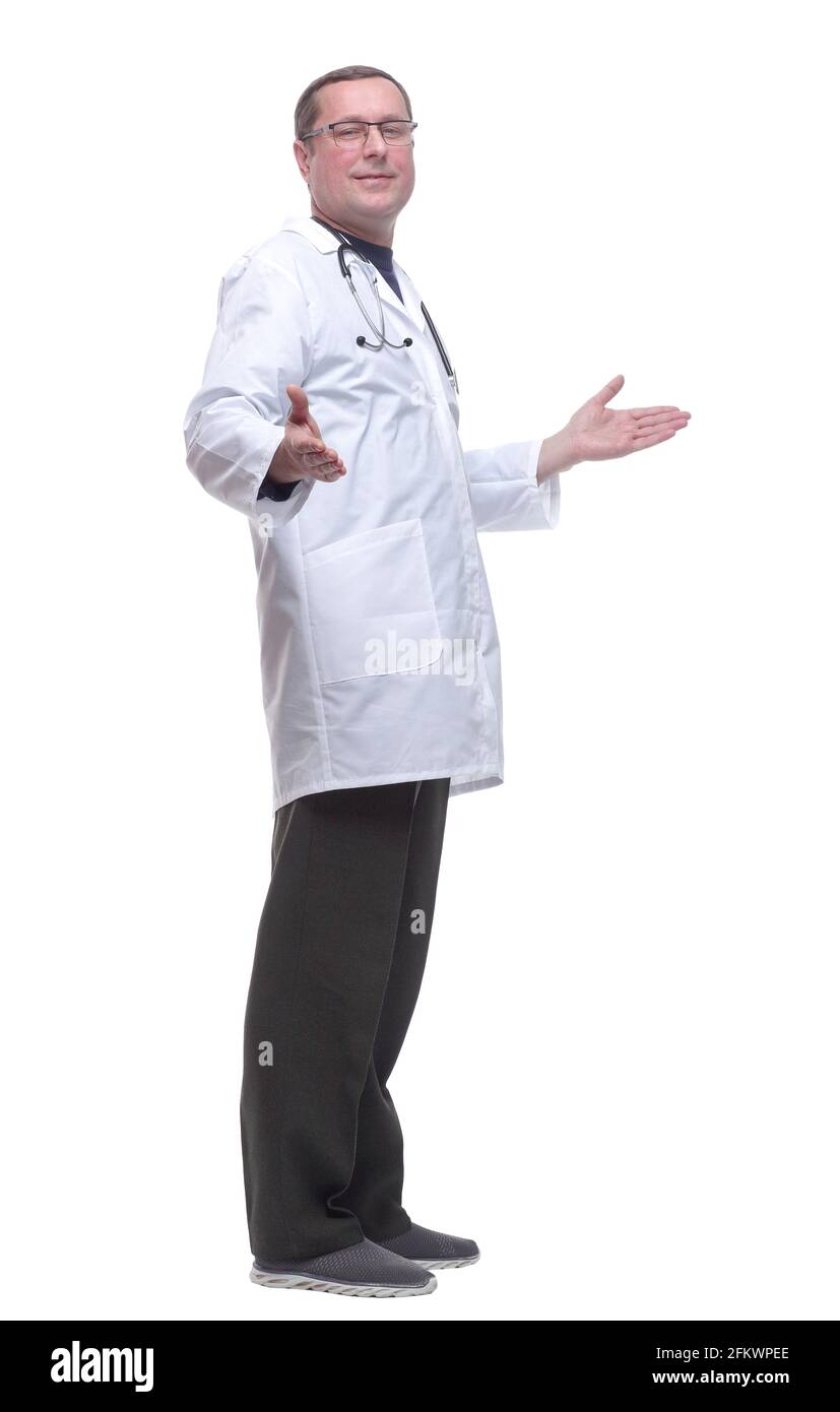 side view. friendly male doctor looking at you Stock Photo - Alamy