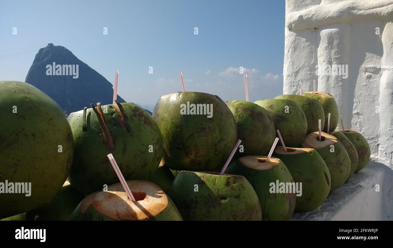 Coconut shell stacked on a white wall, showing the landscape of Rio de ...