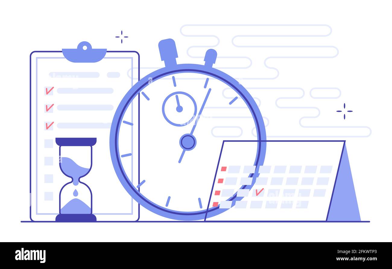 Time management illustration with elements of planning and scheduling. Clock, stopwatch ...