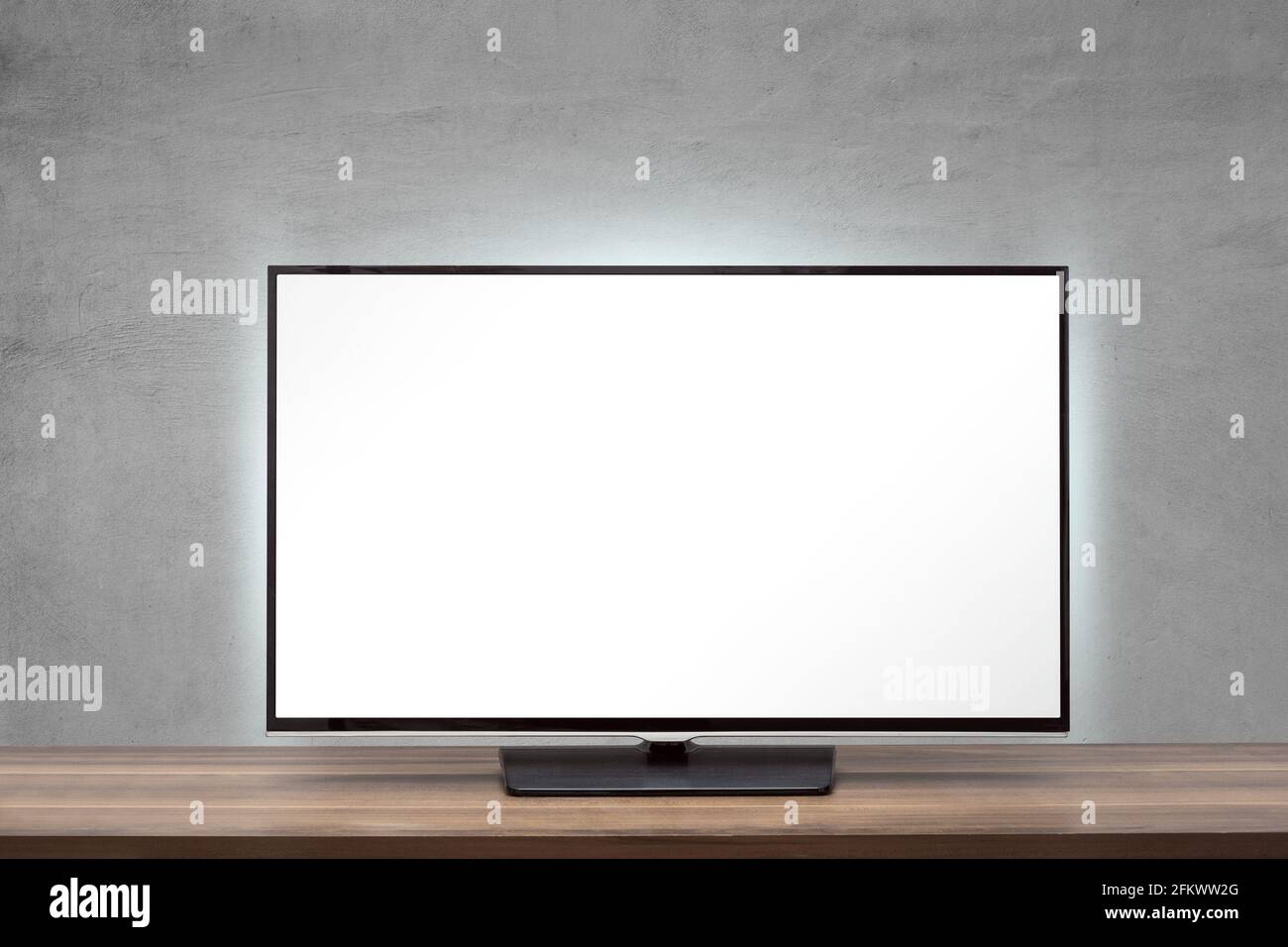 Tv set with blank screen on a wooden surface Stock Photo - Alamy