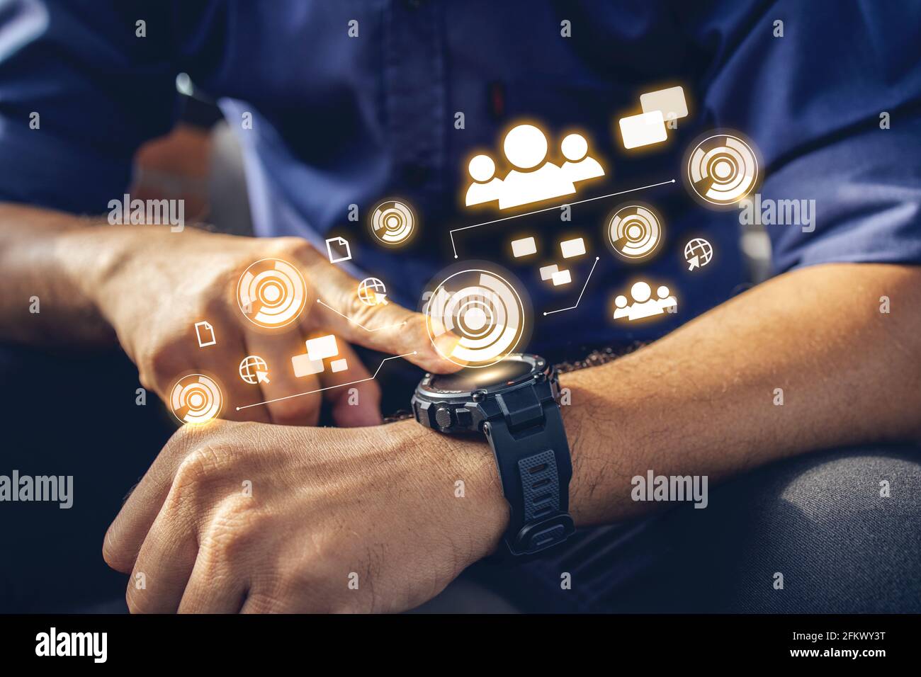businessman wearing digital smart watch in hand touching screen to open ...