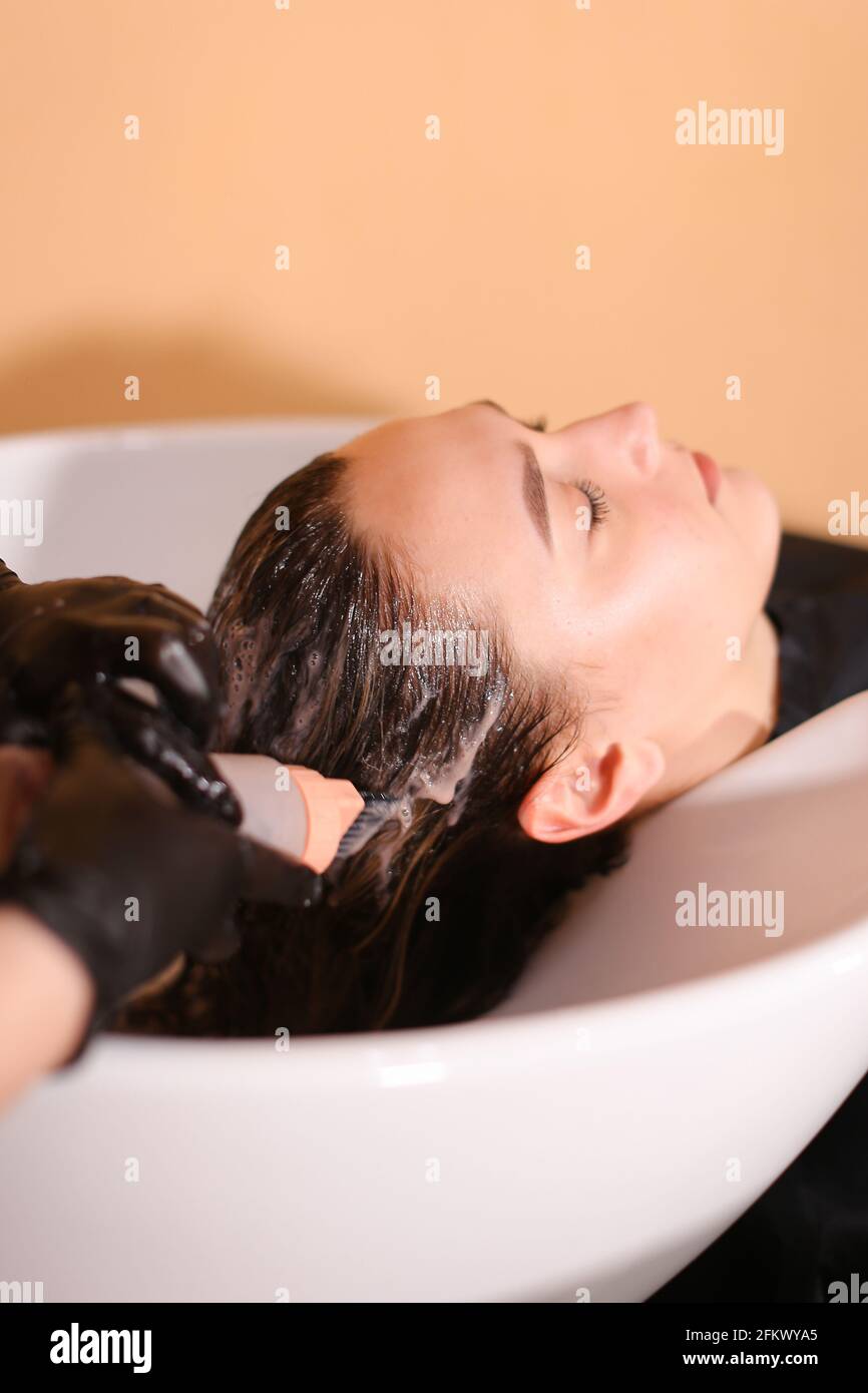 Professional female hairdresser applying color to female customer at ...