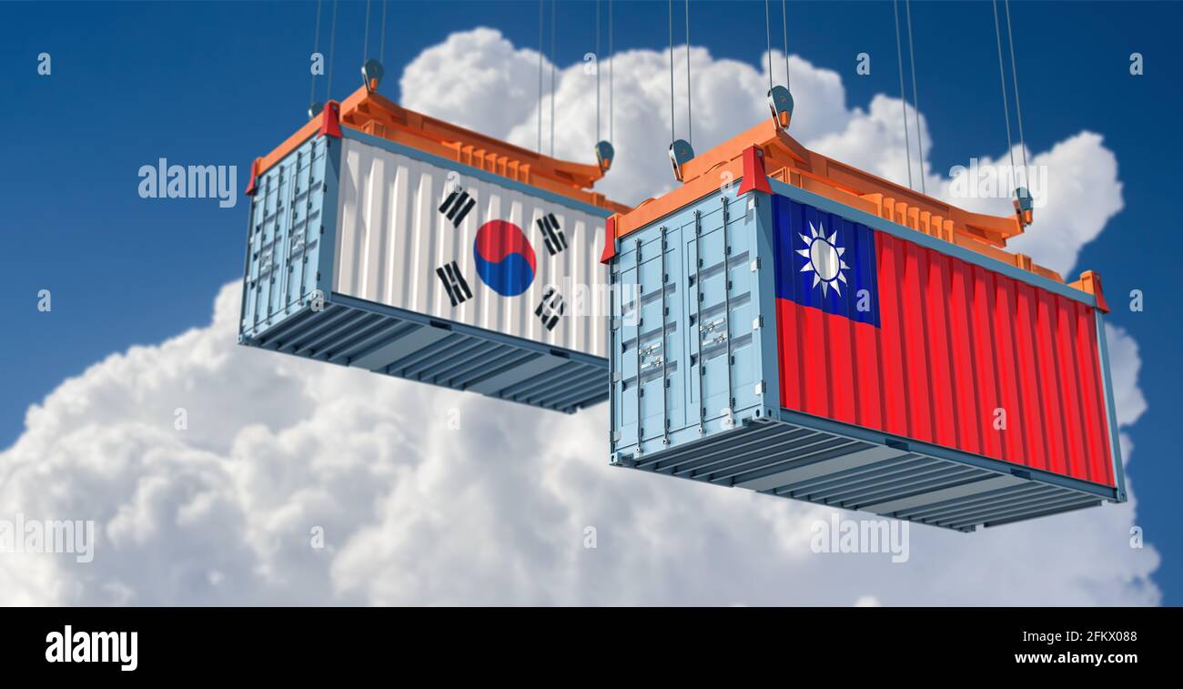 Freight containers with South Korea and Taiwan national flags. 3D ...
