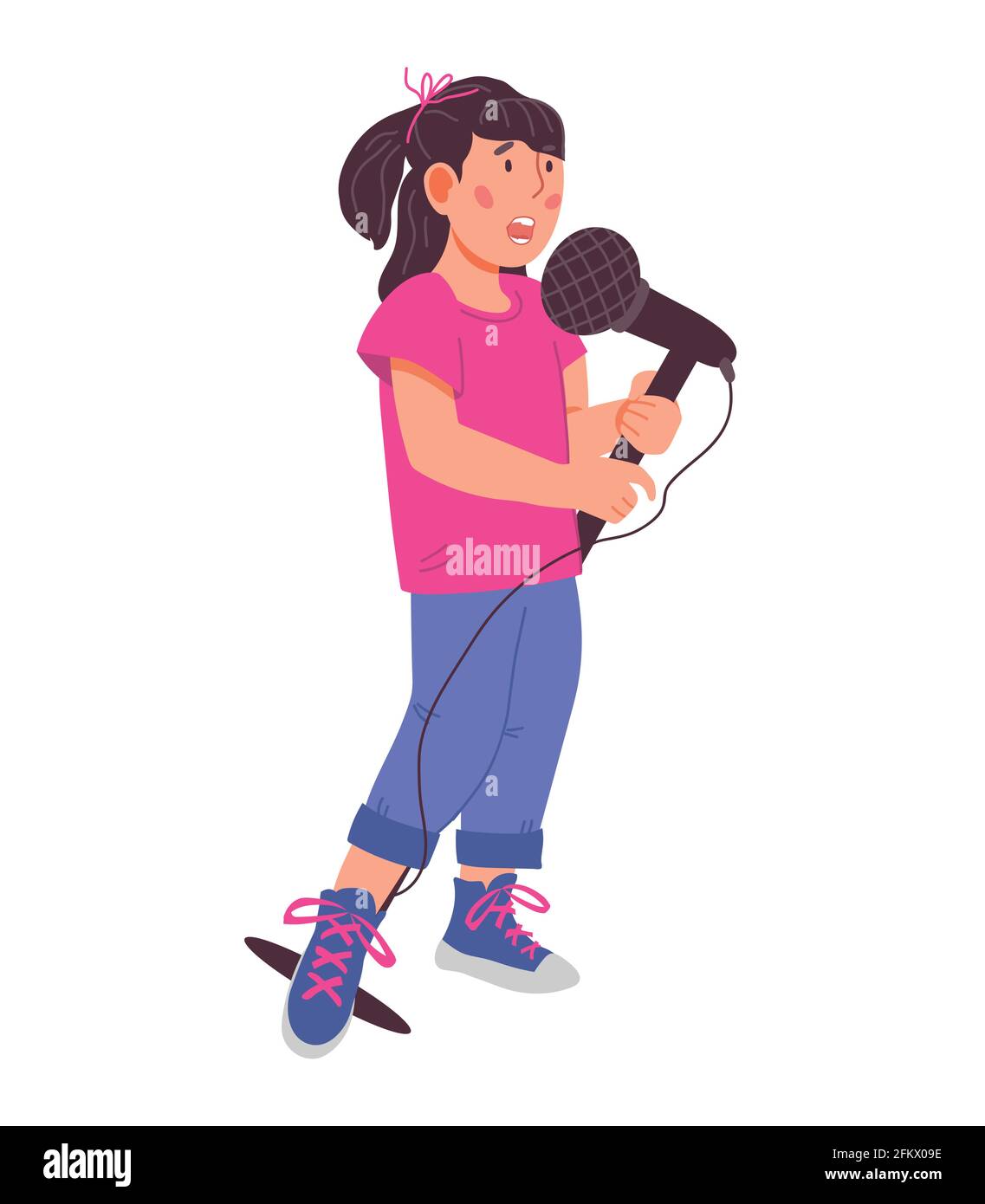 Cute child girl cartoon character singing with microphone. Children ...