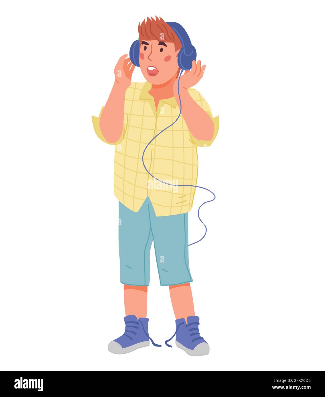 Cute child boy singing in headphones. Cartoon character of singing ...
