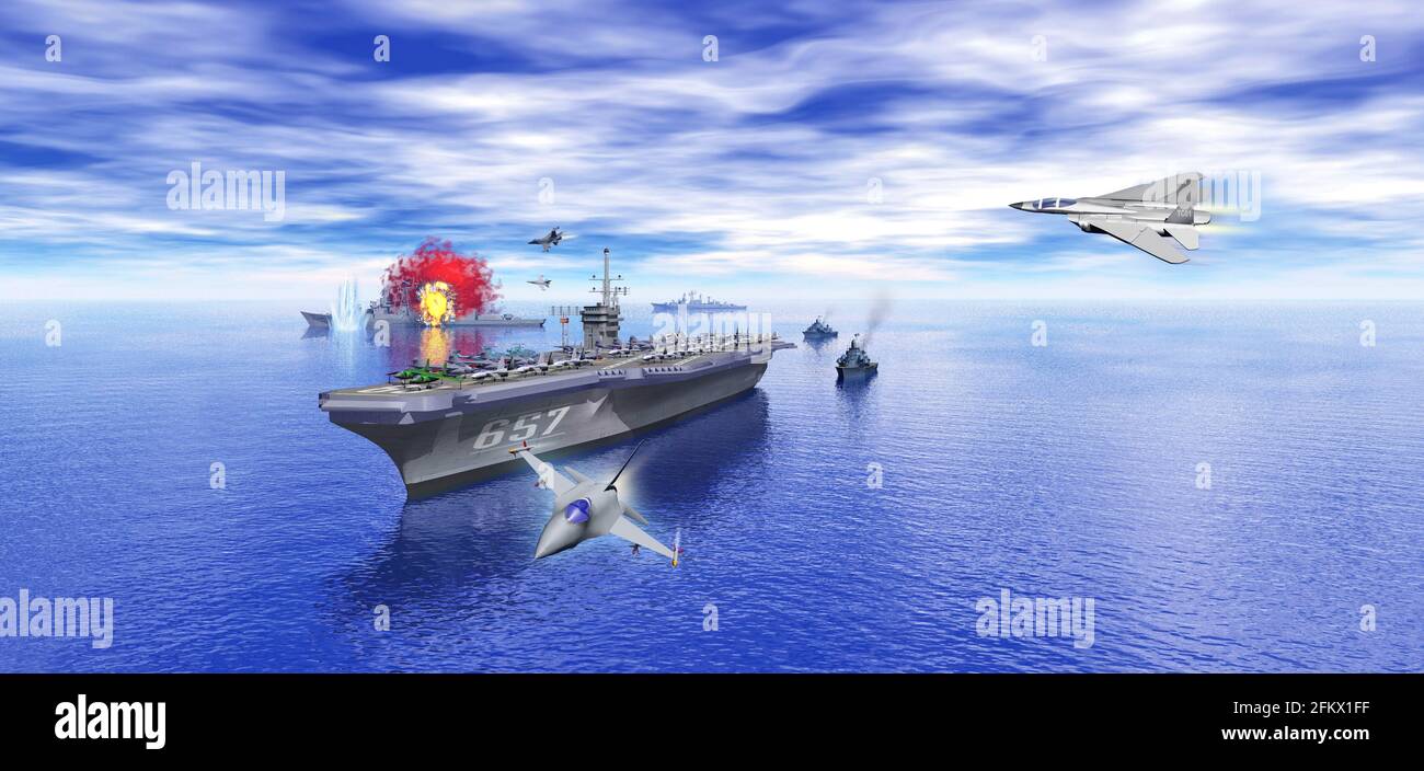 sea battle, airplane fighting against ships, 3d illustration Stock ...
