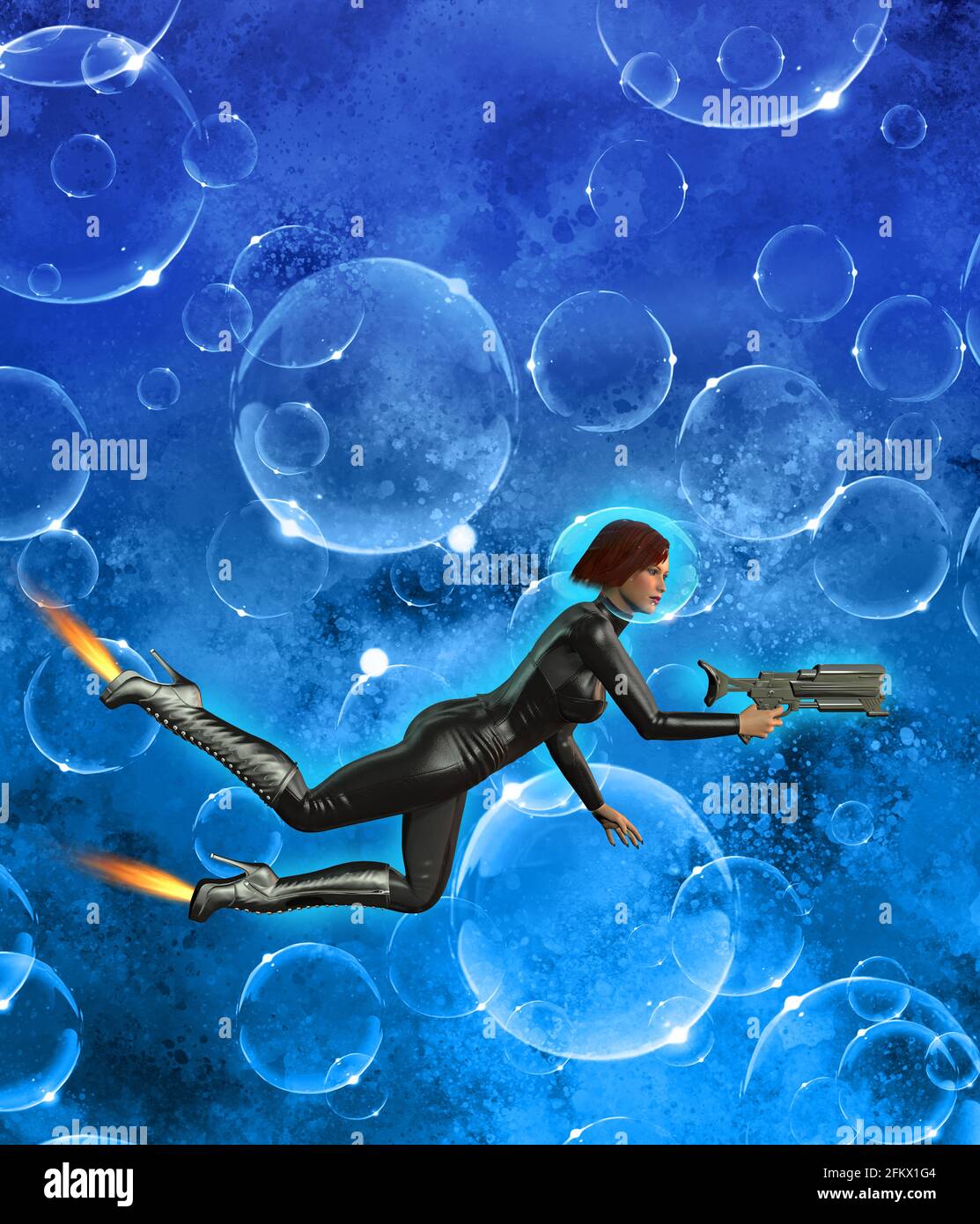woman warrior with gun floating in space, 3d illustration Stock Photo ...