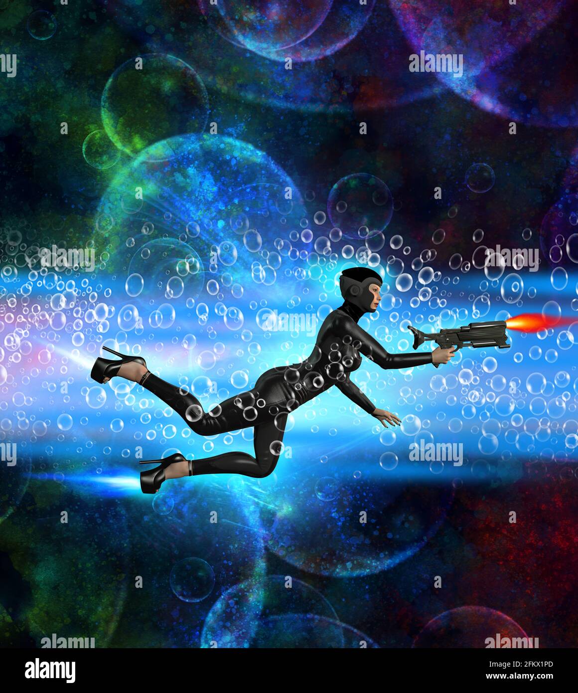 futuristic warrior woman with gun floating in space, 3d illustration ...