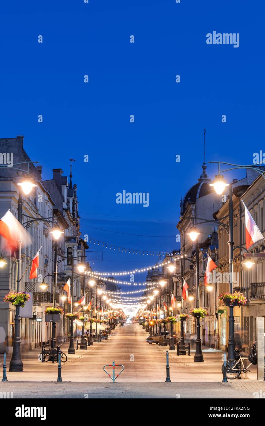 City of Lodz in Poland at night, view to Piotrkowska Street Stock Photo ...