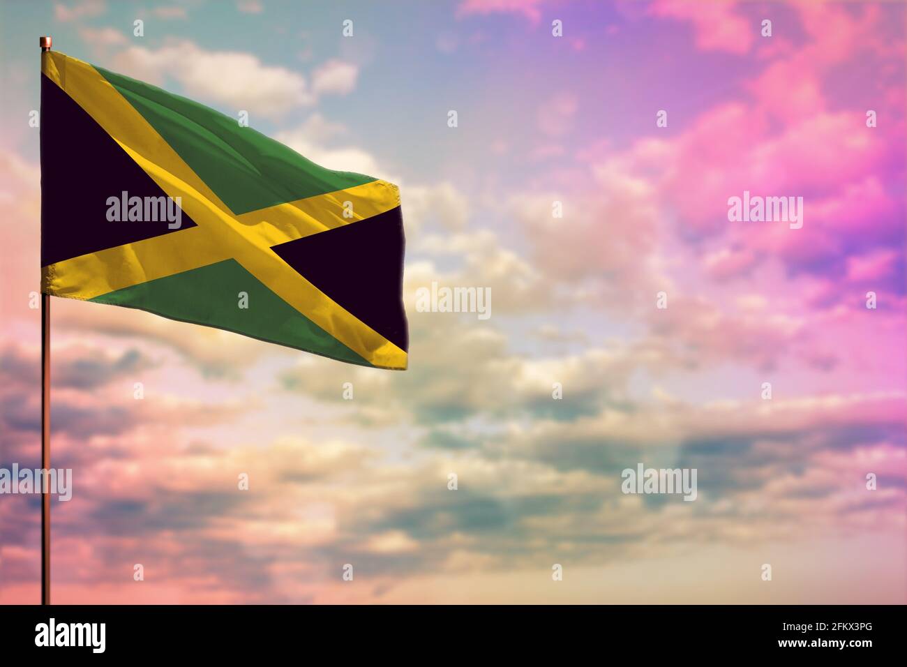 Fluttering Jamaica flag mockup with the place for your text on colorful ...