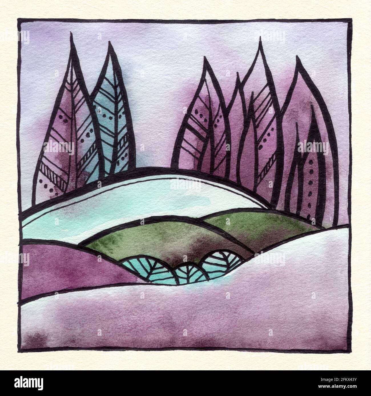 Abstract decorative landscape watercolor illustration. Calm watercolor ...