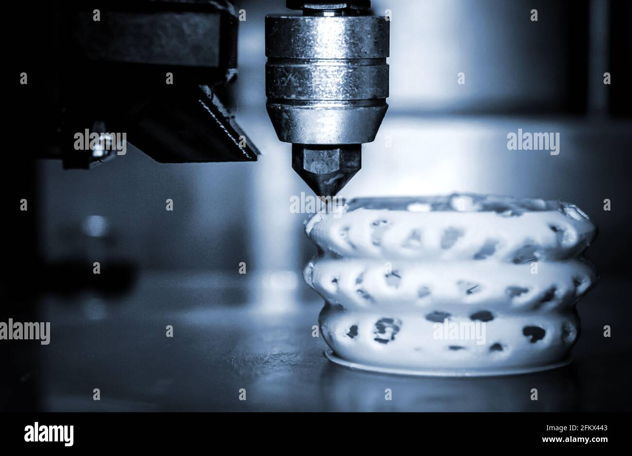 3d printer printing objects blue gray color form closeup Stock Photo ...