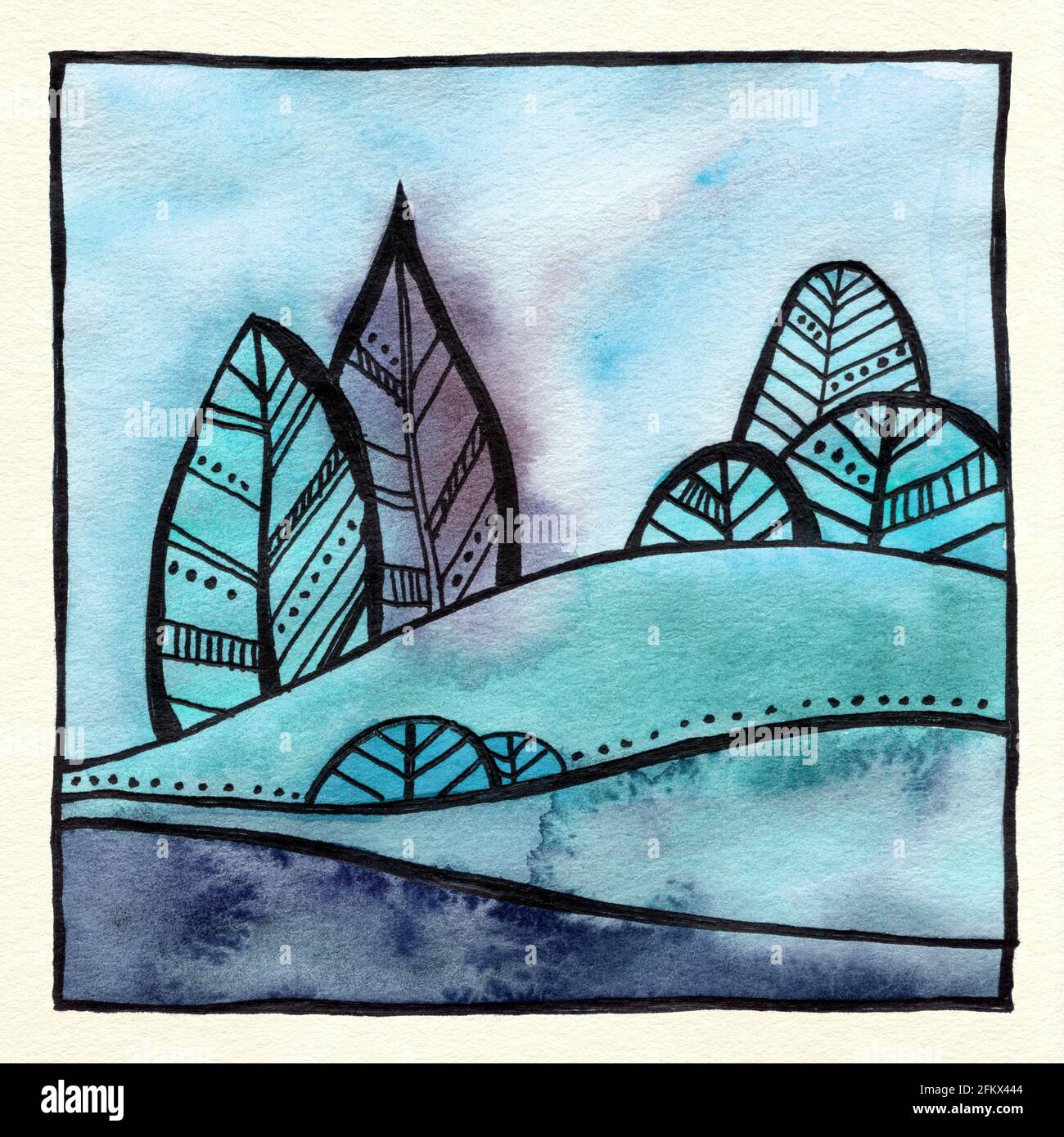 Abstract decorative landscape watercolor illustration. Calm watercolor ...