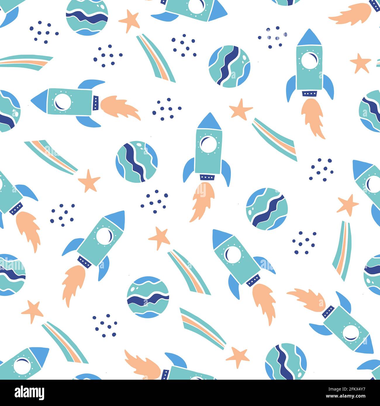 Cute childish seamless pattern of space elements, rocket, planet, star ...