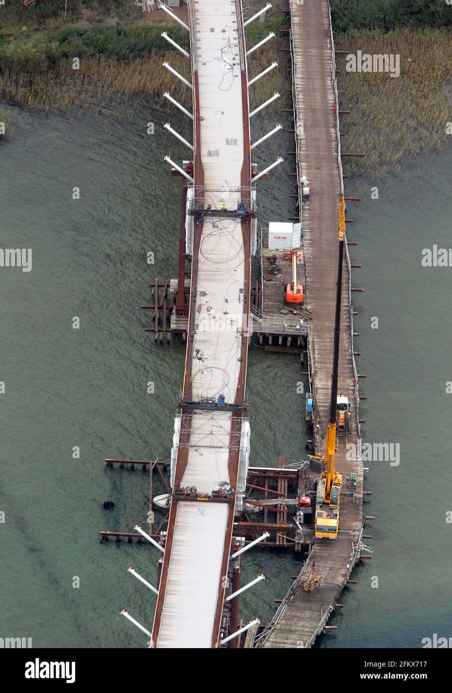 Aerial view of the construction of the Motala bridge at a construction ...