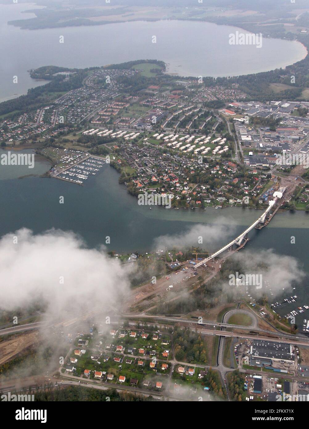 Aerial view of the construction of the Motala bridge at a construction ...