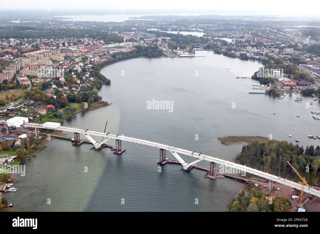 Aerial view of the construction of the Motala bridge at a construction ...