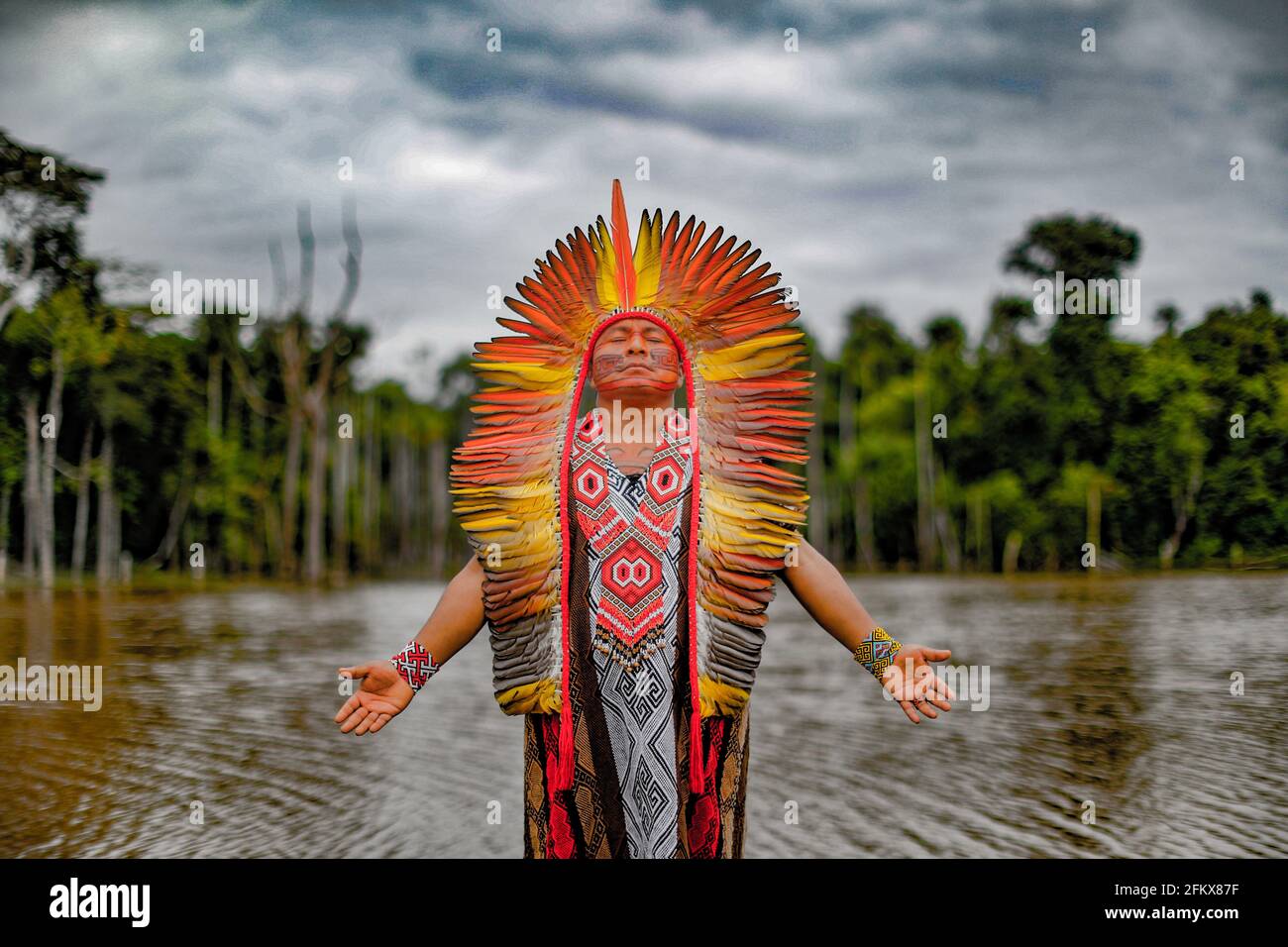 A Brazilian Indian pictured in a spectacular traditional head dress ...
