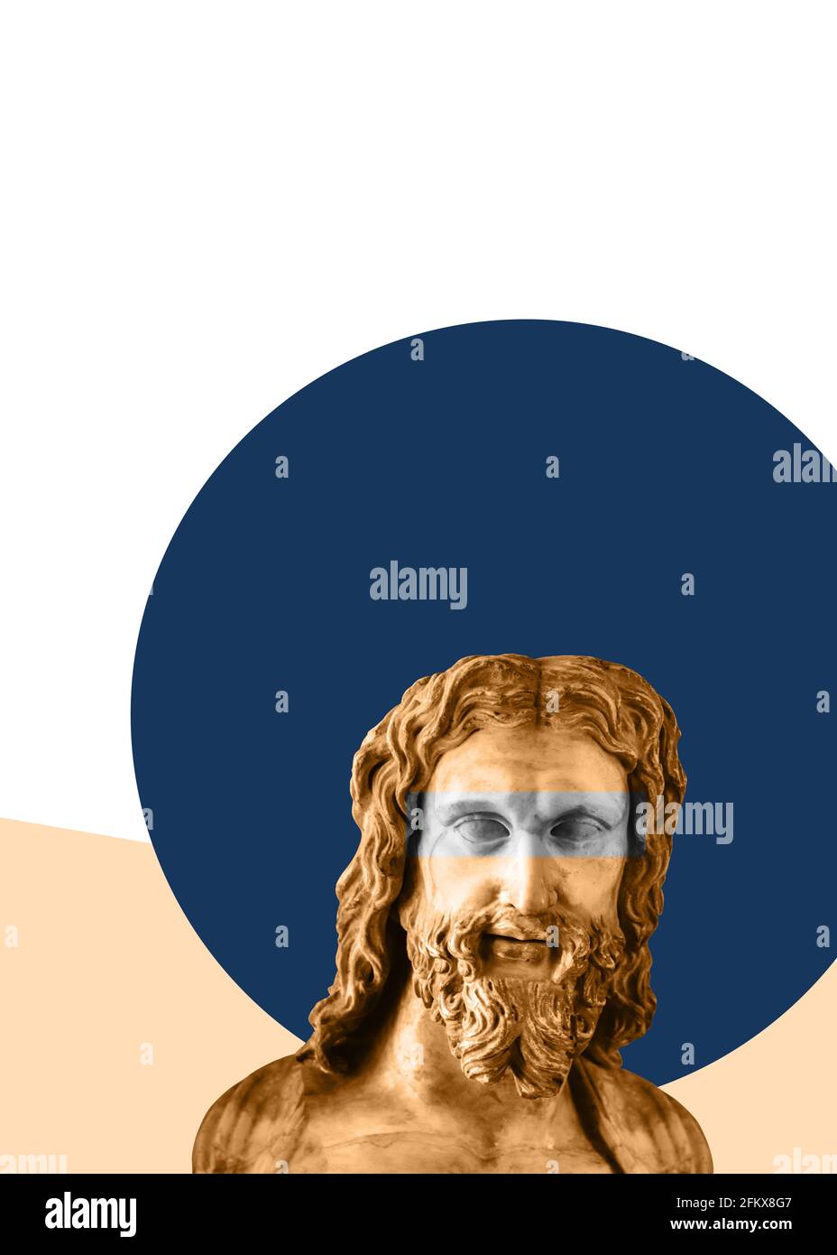 Collage with head statue male portrait with blue circle on beige white ...
