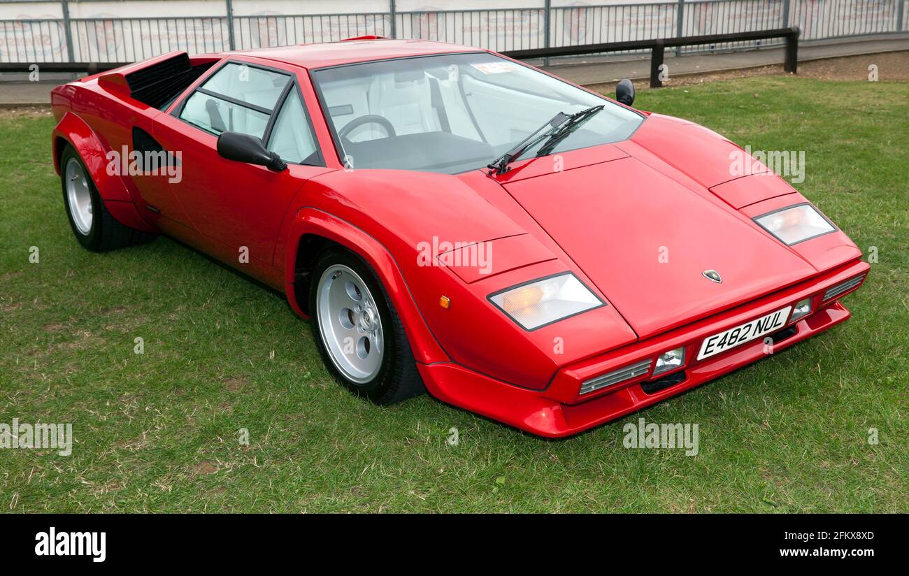 Three quarters front view of a Red, 1987, Lamborghini Countach on ...
