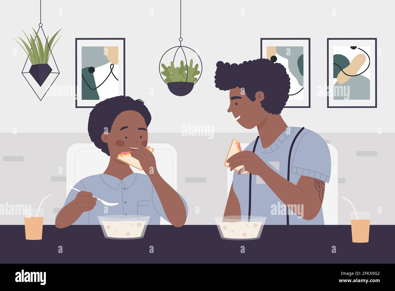 Happy family people eat dinner food in kitchen interior, talking ...