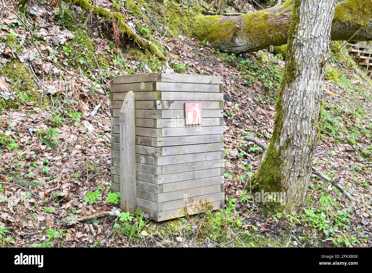 Wooden waste bin in the forest next to trees covered with moss Stock ...
