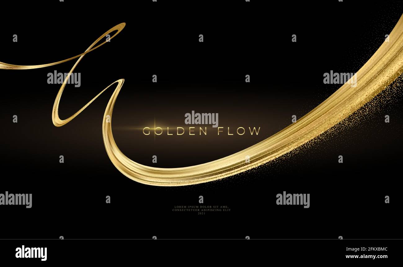 Gold wave flow and golden glitter on black background. Abstract shiny ...