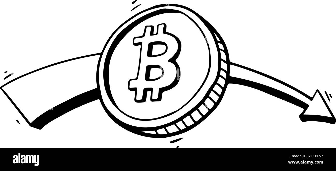 Cryptocurrency coin bitcoin with arrow chart falling in doodle style ...
