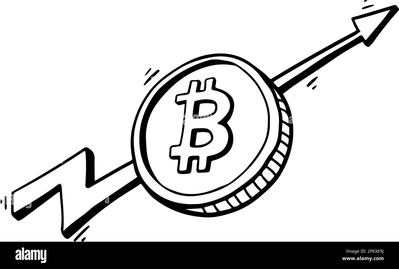 Cryptocurrency coin bitcoin with arrow growth graph in doodle style ...