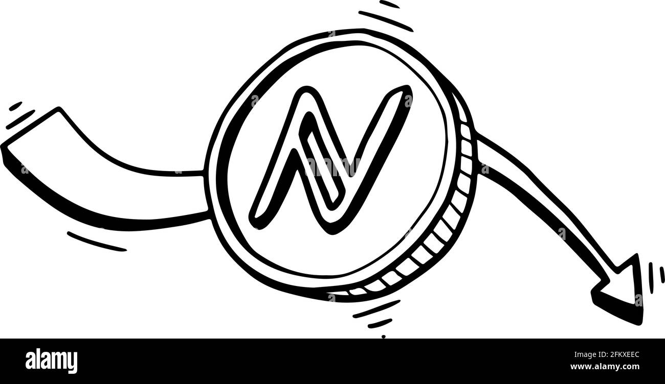 Cryptocurrency coin Namecoin with arrow chart falling in doodle style ...