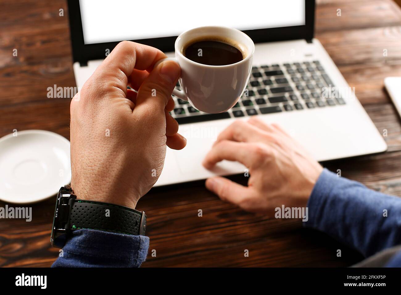 Top view of man surfing internet, online shopping, close up of hands on ...