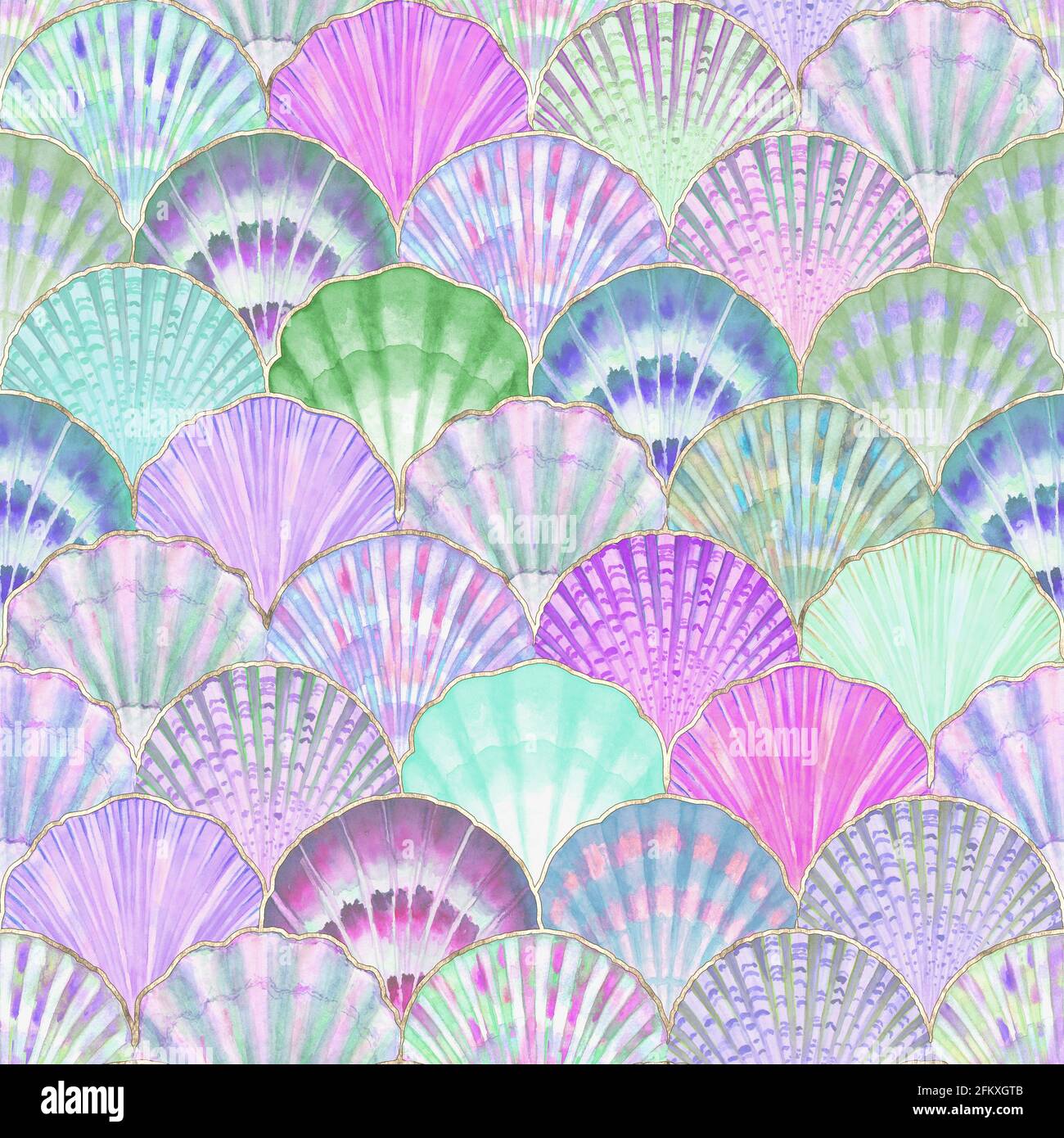 Watercolor sea shell japanese waves seamless pattern. Hand drawn ...