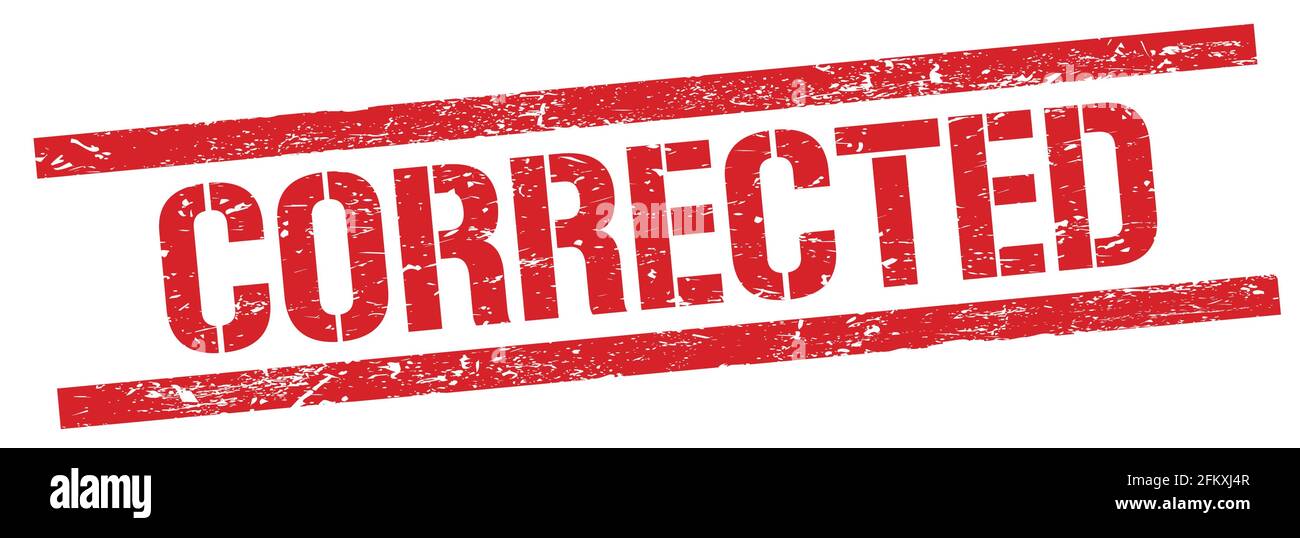 CORRECTED text on red grungy rectangle stamp sign Stock Photo - Alamy