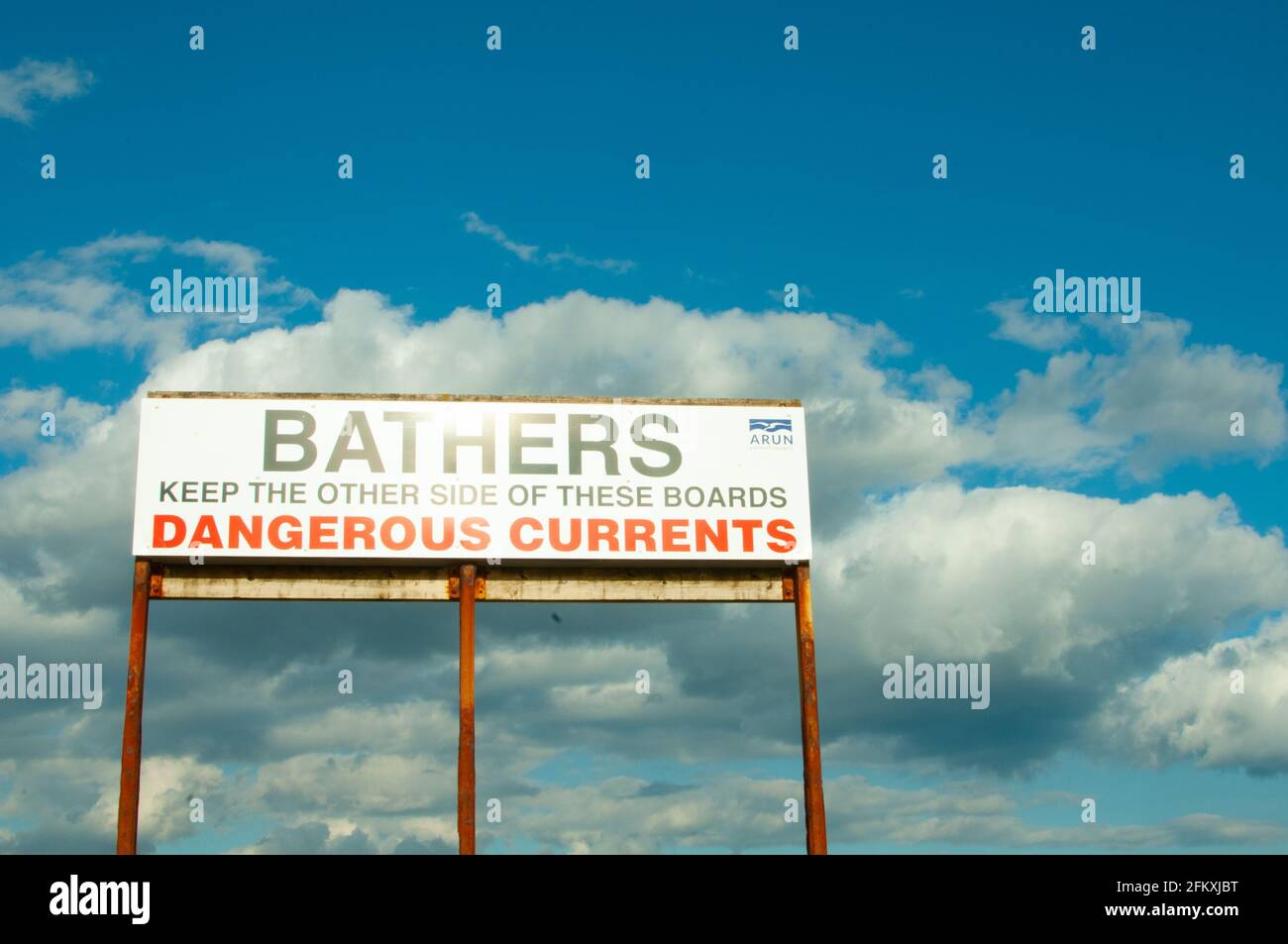 Dangerous Currents sign for bathers on beach Littlehampton West Sussex ...