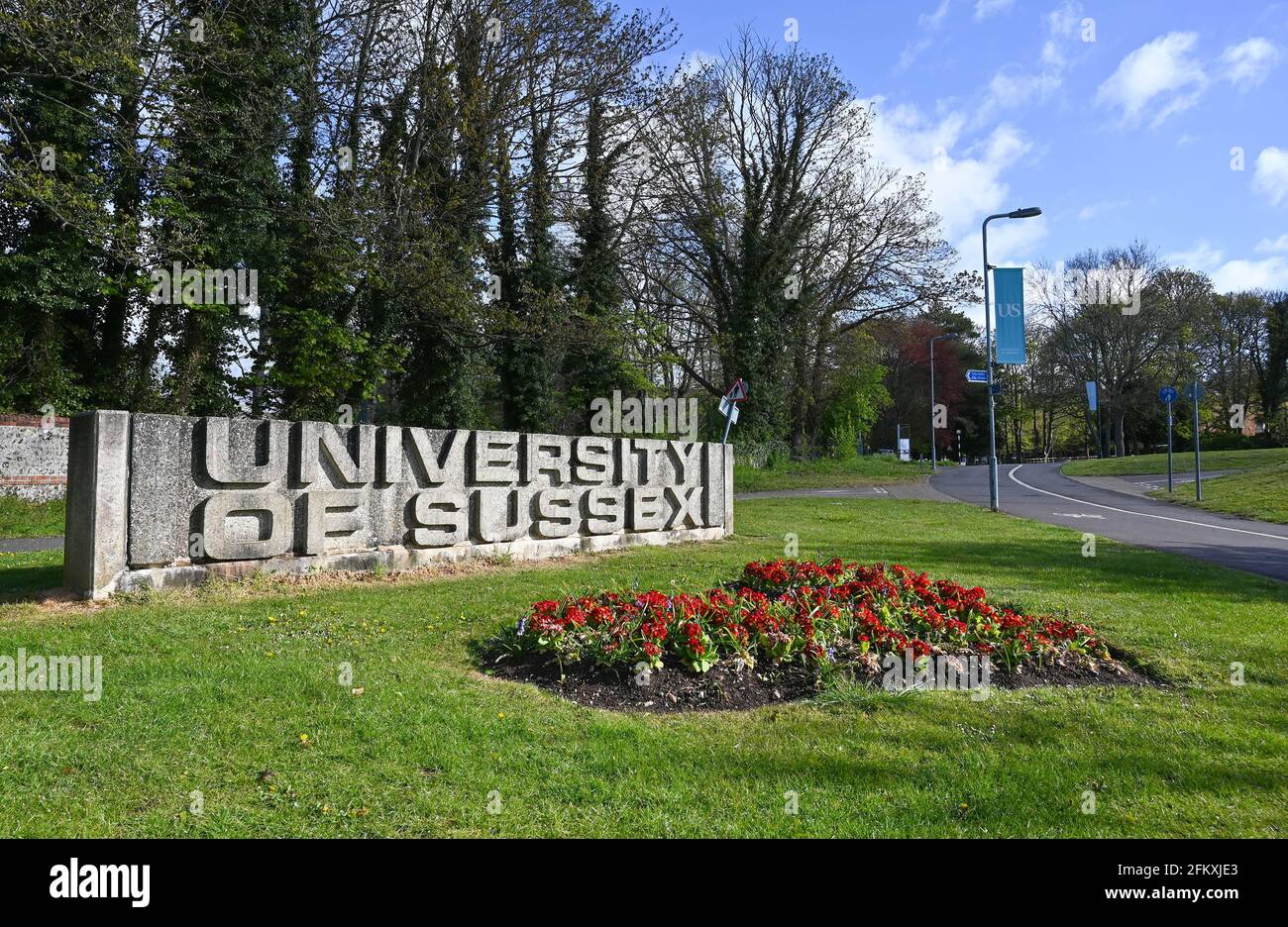University of Sussex Falmer Campus entrance sign and flower bed ...