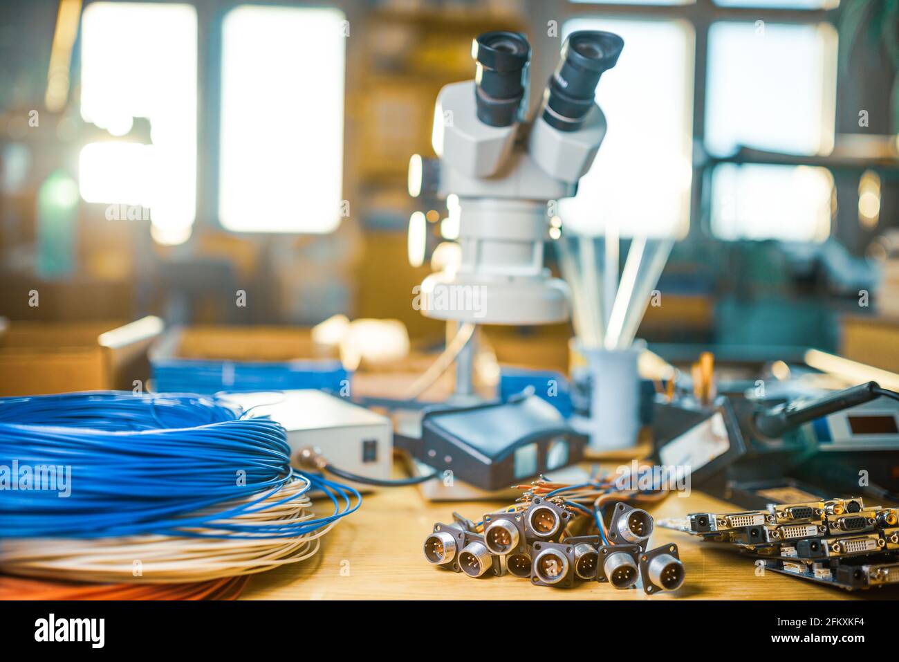 Modern microscope, electronic components in a scientific laboratory ...