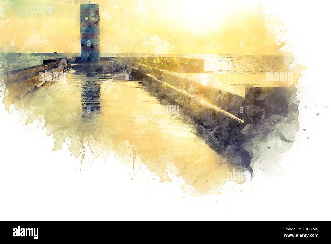 Watercolor drawing, illustration. Felgueiras Lighthouse on shore of ...