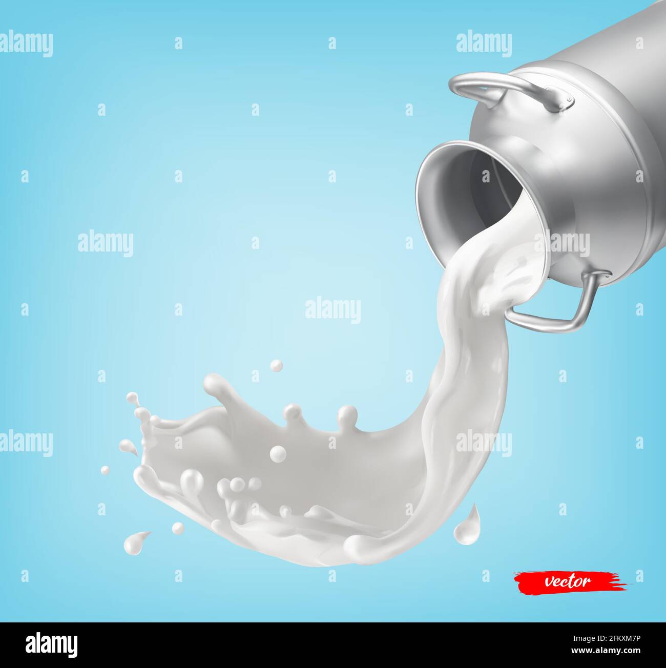 Milk can container and milk splash. 3d vector element for package ...